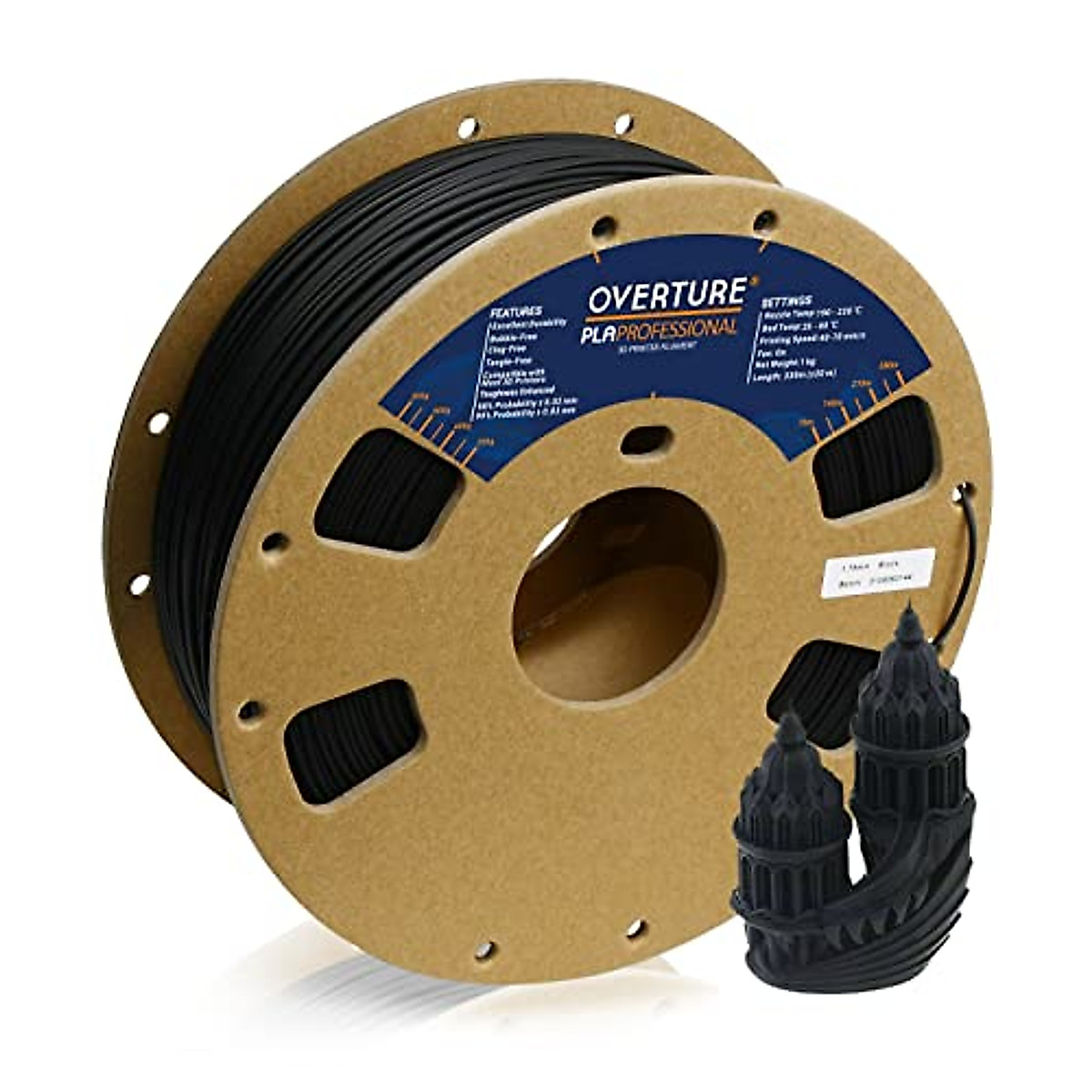 OVERTURE PLA Plus (PLA+) Filament 1.75mm PLA Professional Toughness Enhanced PLA Roll, Cardboard Spool, Premium PLA 1kg(2.2lbs), Dimensional Accuracy 99% Probability +/- 0.03mm (Black)