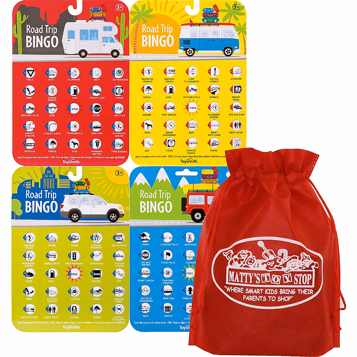 Toysmith Road Trip Bingo Cards Red, Blue, Green & Orange Gift Set Travel Bundle with Bonus Matty's Toy Stop Storage Bag - 4 Pack