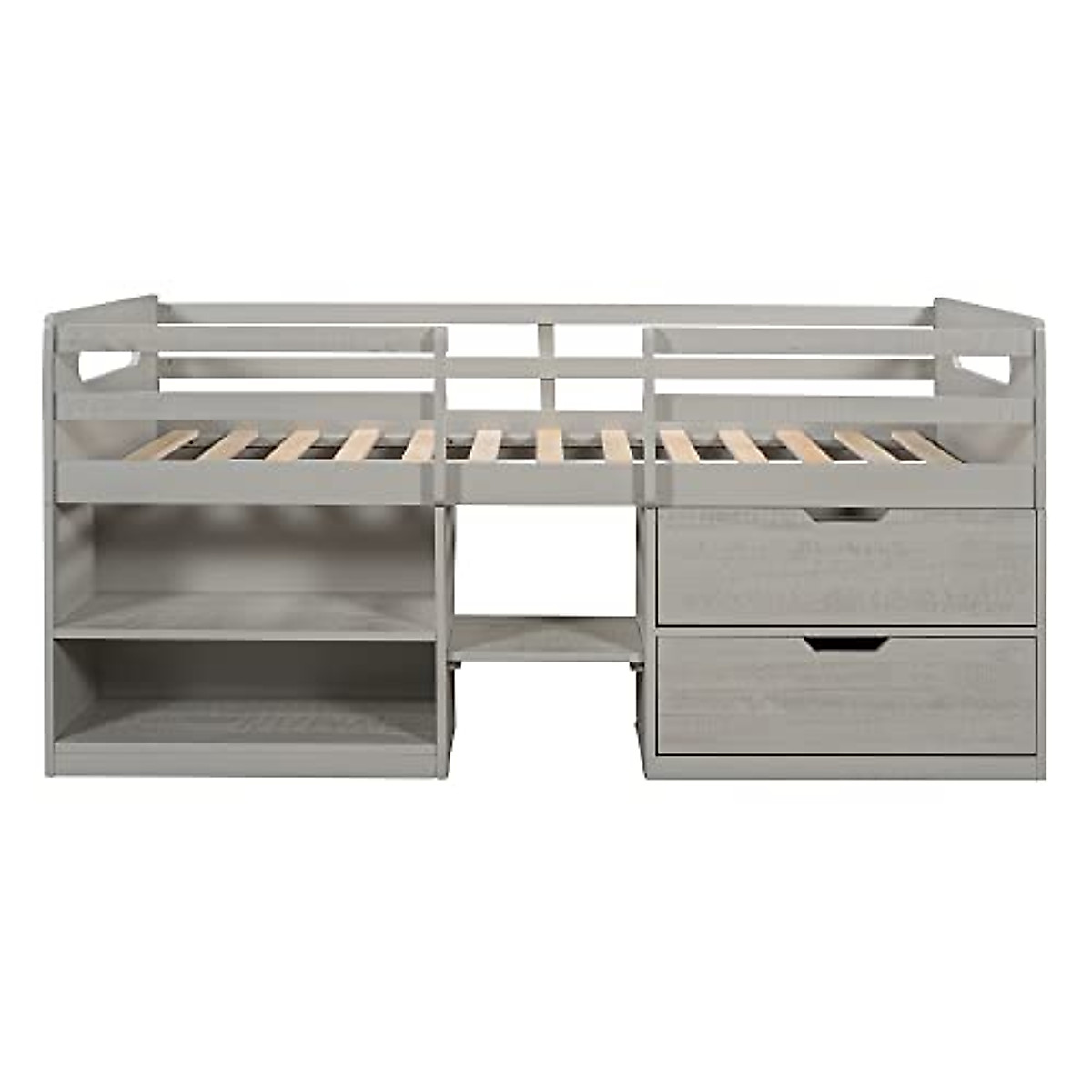 CITYLIGHT Twin Low Loft Bed with Storage, Kids Loft Bed with Two Shelves and Two Drawers,Wooden Loft Bed Twin for Girls Boys Bedroom,Antique Grey