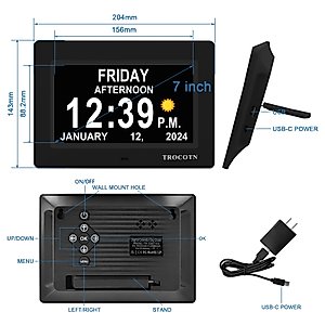 TROCOTN【Newest Dementia Clock Large Digital Clock for Seniors, Calendar Clock Large Display with custom Alarms,Wall Clock with Day & Date, Alarm Clock,Desk Clock (7 inch Black)