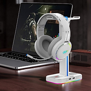 havit RGB Gaming Headphone Stand Desk Dual Headset Hanger Base with Phone Holder & 2 USB Ports for Desktop PC Game Earphone Accessories, White (Renewed)
