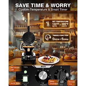 PYY Bubble Waffle Maker - Commercial Egg Puff Waffle Iron Machine, 1500W 122-482℉ Electric Stainless Steel Hong Kong, 30 Egg Cones | 180° Rotating| Black Non-stick Coating | Crumb Tray | Wooden Handle