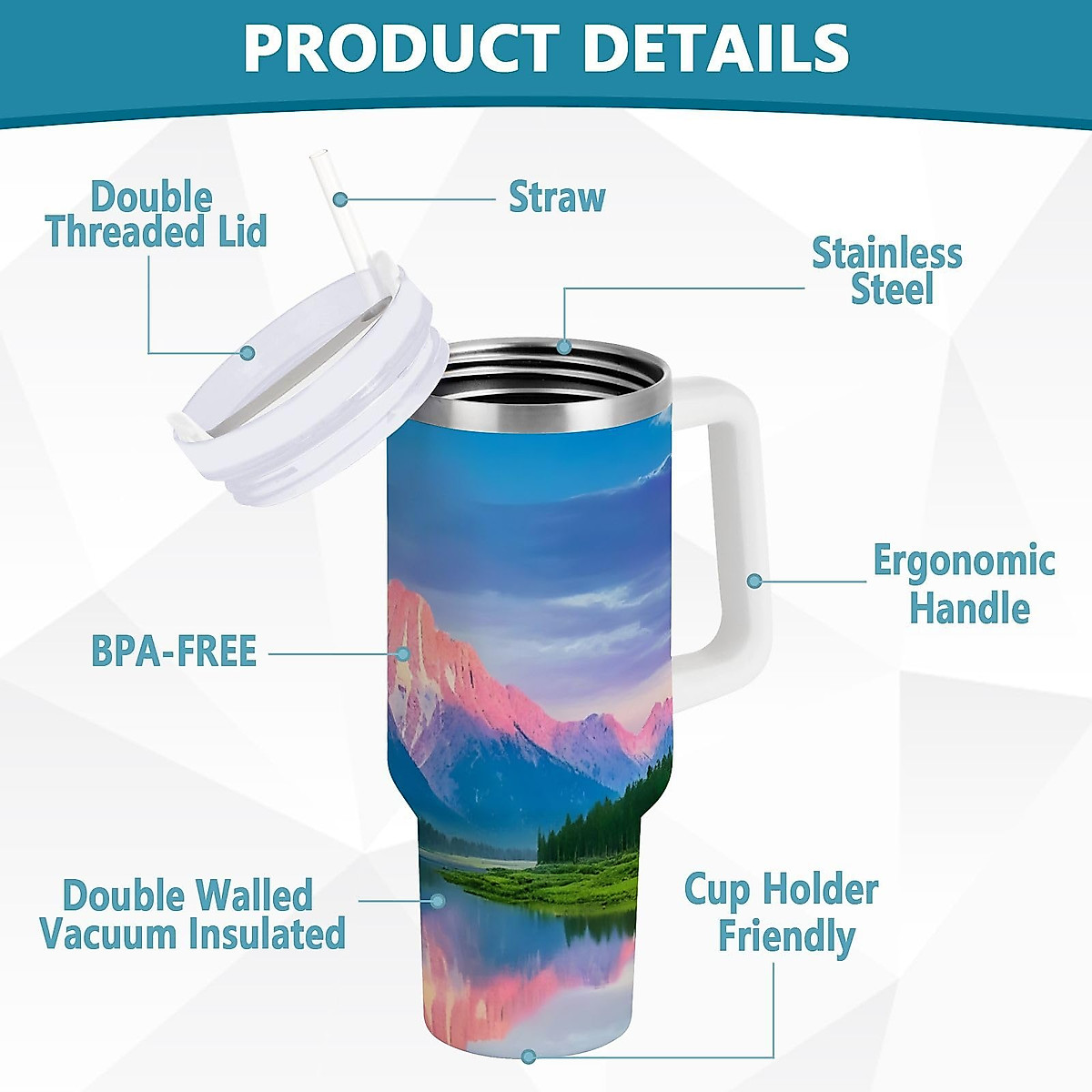 Jihqo Wonderful Mountains Lakes 40 oz Stainless Steel Vacuum Insulated Tumbler with Handle and Straw Lid, Leakproof Water Bottle Double Wall Travel Mug Coffee Cup, Cupholder Friendly