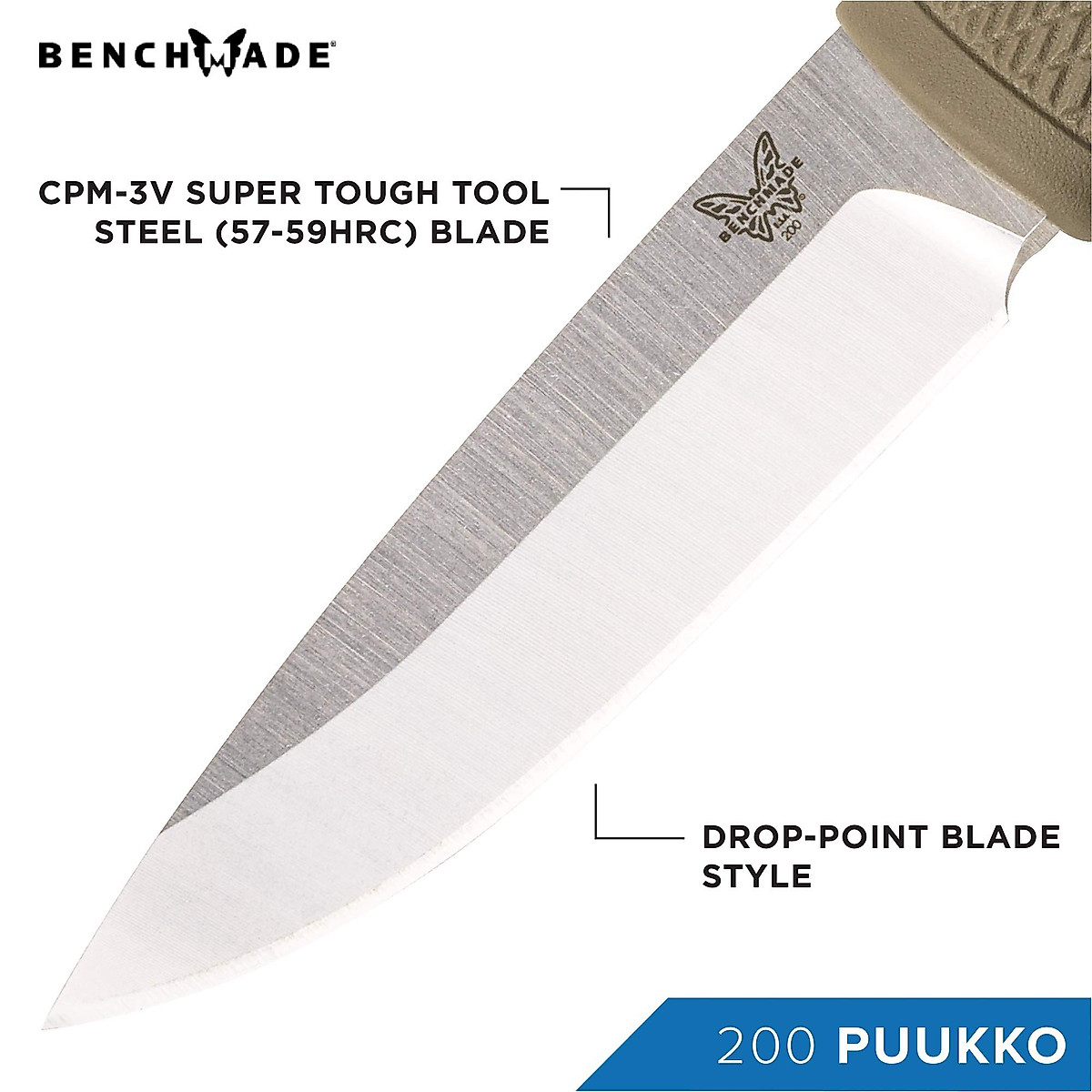 Benchmade - 200 Puukko Knife, Drop-Point Blade, Plain Edge, Ranger Green Santoprene Handle