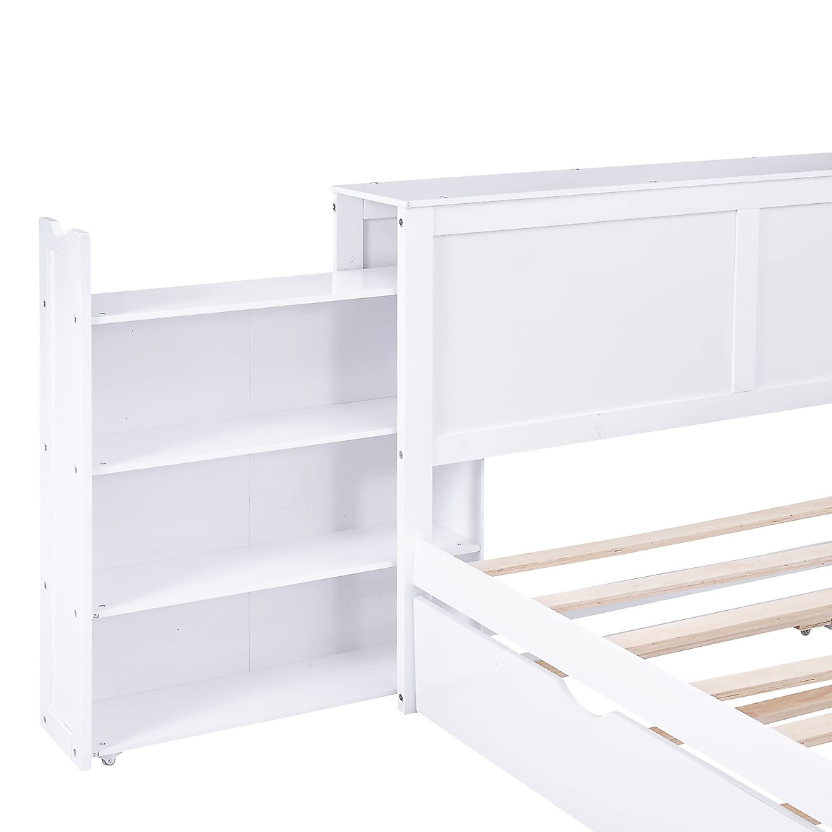 DRELOFT Storage Platform Bed Frame Queen with Pull Out Shelves and Twin XL Size Trundle, Wooden Platform Bed with Storage Headboard for Bedroom, No Box Spring Needed, Easy Assembly, White