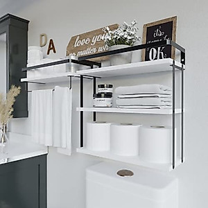 RICHER HOUSE 3+1 Tier Wall Mounted Floating Shelves Set of 2, Rustic Wood Wall Shelf with Metal Frame, Extra Storage Rack for Bathroom, Kitchen, Bedroom with Tissue Rack & Towel Bar - White