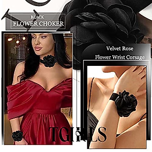 Tgirls Black Choker Flower Velvet Necklace Set Retro Rose Corsage Gothic Necklaces Collar Wristband Halloween Costume Gift for Women and Girls (Black)