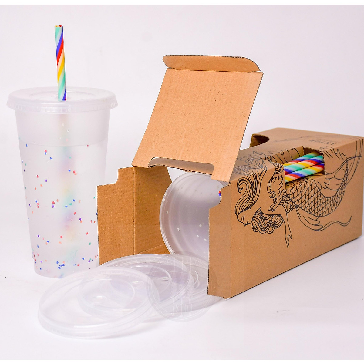 Aztec Sky Color Changing Cups | 5 Reusable Cups, Lids and Straws | Iced Coffee Tumblers | 24 oz Cold Cups (Confetti)