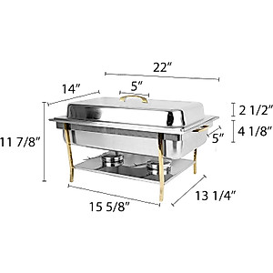 TrueCraftware- 8 Qt. Stainless Steel Full Size Continental Chafing Dish Brass Accent Complete Set- Food Warmer Chafers and Buffet Warmer Sets for Catering Event Party Holiday Buffet Weddings Catering