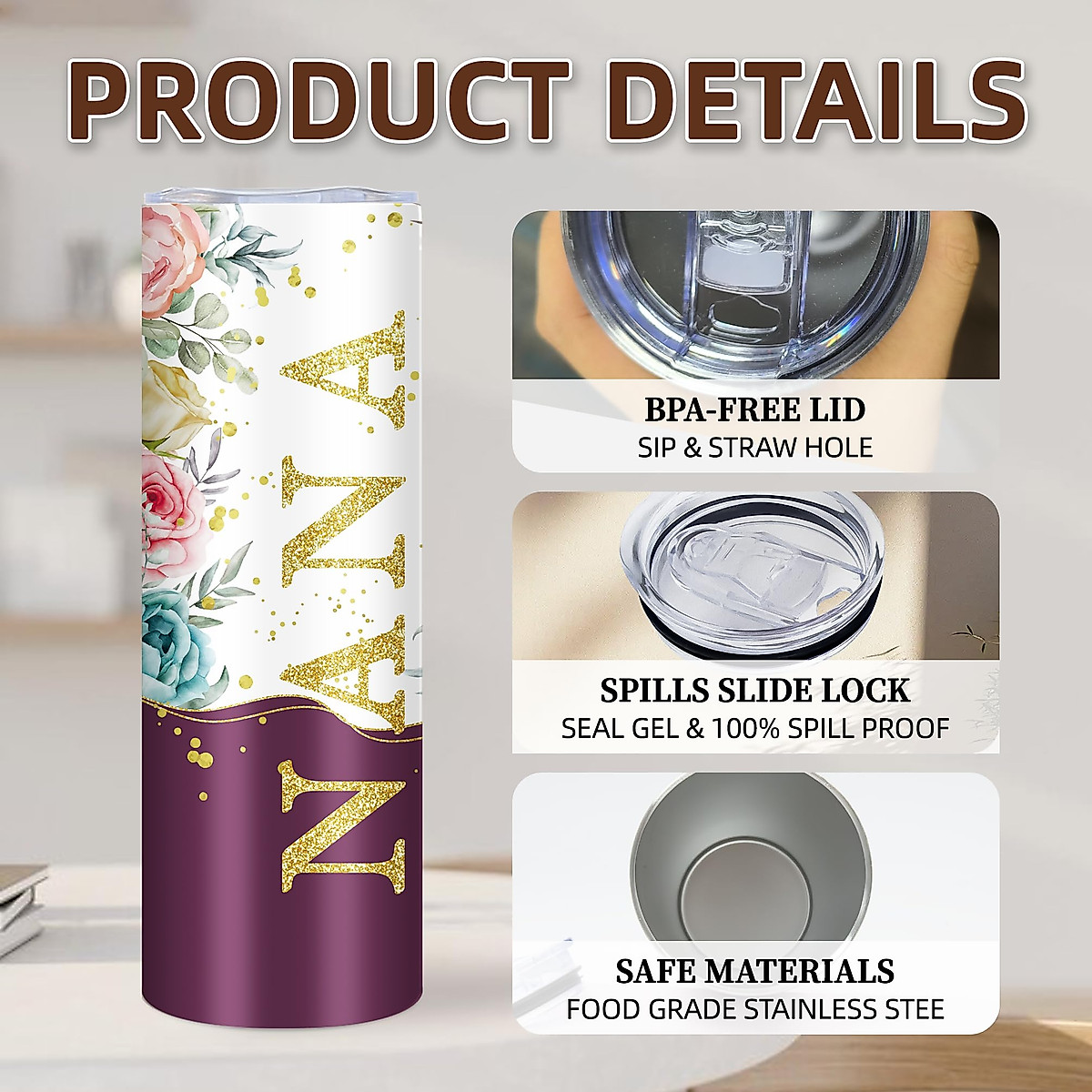 MoYueno Grandma Mug, Slim Grandmother Tumbler, Nana Skinny Tumbler with Lid & Straw & Brush, Grandma Cup, Gift for Grandmother, Present for Mimi for Birthday, Nana Cup, Gifts for Mothers Day, 20 Oz