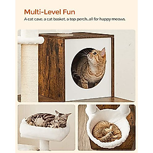 Feandrea WoodyWonders Cat Tree with Litter Box Enclosure, 2-in-1 Modern Tower, Furniture Hidden, Cat Condo with Scratching Posts, Removable Pompom Sticks, Rustic Brown UPCT113X01
