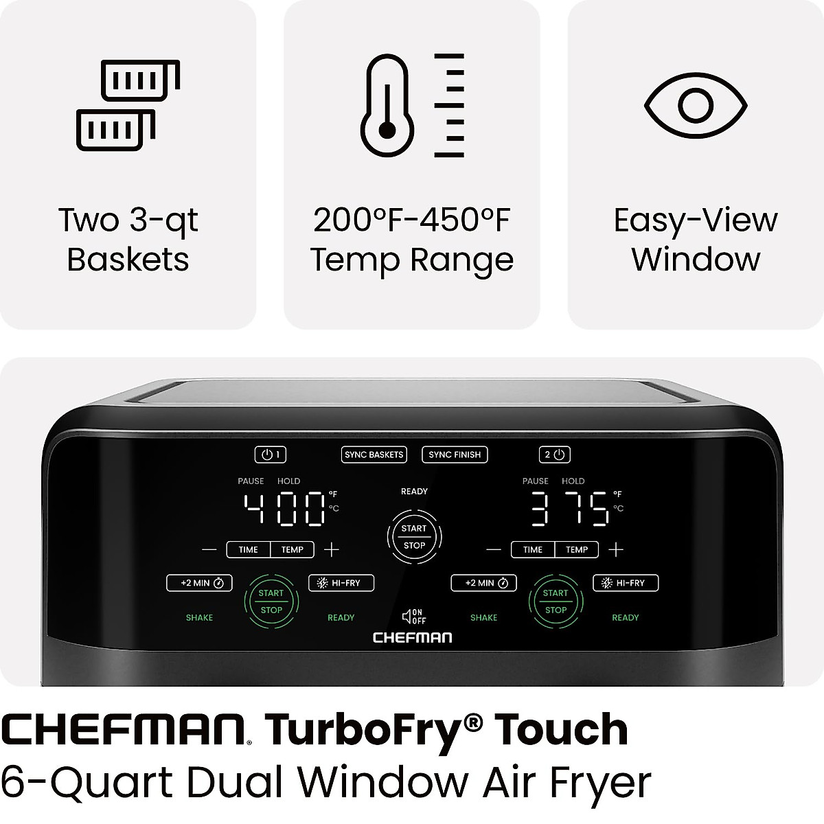 CHEFMAN 6 Quart Dual Basket Air Fryer Oven with Easy View Windows, Sync Finish, Hi-Fry, Auto Shutoff, 2 Independent 3Qt Nonstick Dishwasher Safe Frying Baskets, Digital Double Air Fryer - Black