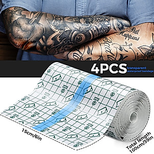 Tattoo Aftercare Waterproof Bandages, 6" x 4.4 Yard Tattoo Cover Up Tape, Tattoo Supplies Second Skin Transparent Film Healing Protective Clear Sterile and Safe Bandages 4 Rolls (6" x 1.1 Yard/Roll)