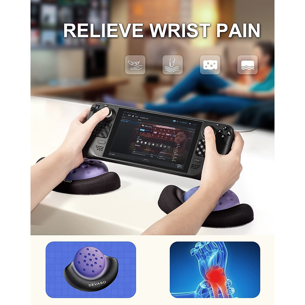 DEVASO Wrist Rest Pad for Steam Deck, 2 Pack Gaming Pad Wrist Support for Steam Deck OLED/PlayStation Portal/ASUS ROG Ally/Nintendo Switch / PS5 Gaming, Durable, Comfortable and Pain Relief
