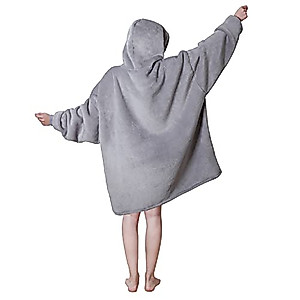 Queenshin Open Front Zip Up Oversized Hoodie Wearable Blanket for Men Women, Adults Comfy Sherpa Lined Hooded Sweatshirt with Zipper, One Size,Light Grey