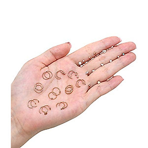 Tornito 20G 38Pcs Stainless Steel Nose Screw Studs Rings CZ Hoop Tragus Cartilage Nose Ring Labret Nose Piercing Jewelry for Men Women (A02:38Pcs, Rose Gold Tone)