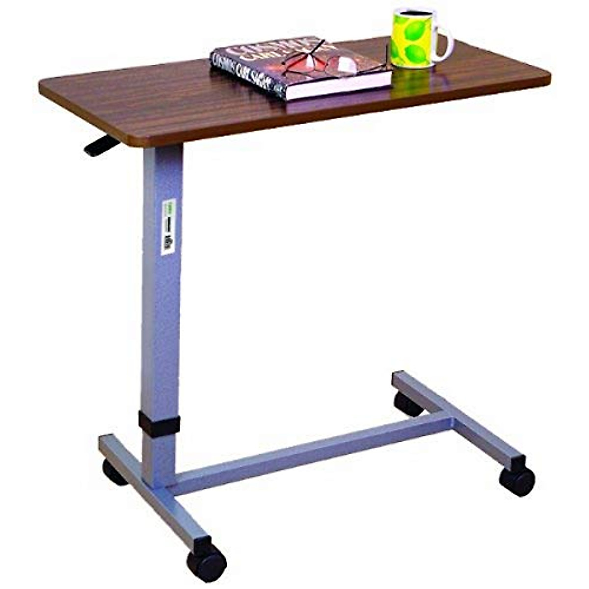 Essential Medical Supply Height Adjustable Automatic Overbed Table with Woodgrain Top and Locking Wheels