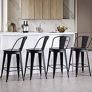 Alunaune 24" Swivel Metal Bar Stools Set of 4 High Back Counter Height Barstools Industrial Dining Bar Chairs with Large Wooden Seat-Matte Black