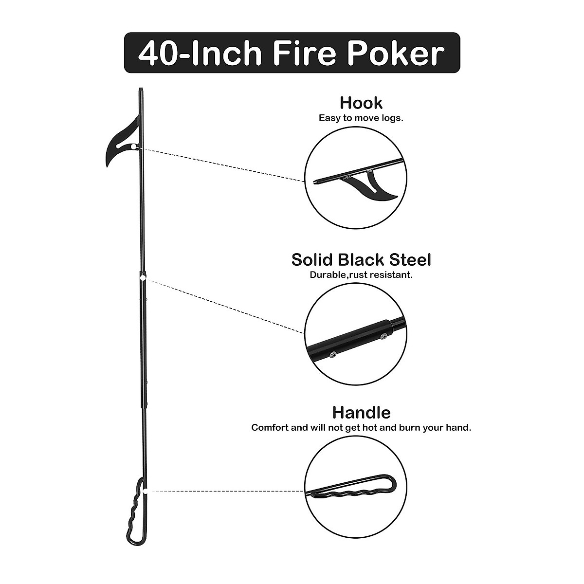 Stanbroil Fire Poker, 40" Fireplace Poker for Indoor and Outdoor Use, Premium Steel Fire Stick for Fire Pit or Inside Fireplace