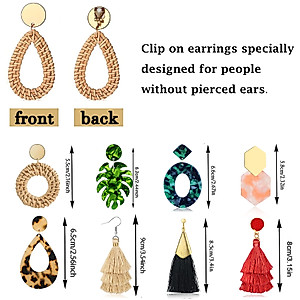 Honsny 12 Pairs Clip on Earrings for Women Fashion Rattan Tassel Earrings Set Bohemian Acrylic Gold Statement Non Piercing Drop Dangle Exaggerated Earrings for Women