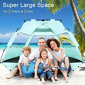 WhiteFang Deluxe XL Pop Up Beach Tent Sun Shade Shelter for 3-4 Person, UV Protection, Extendable Floor with 3 Ventilating Windows Plus Carrying Bag, Stakes, and Guy Lines (Mint Green)
