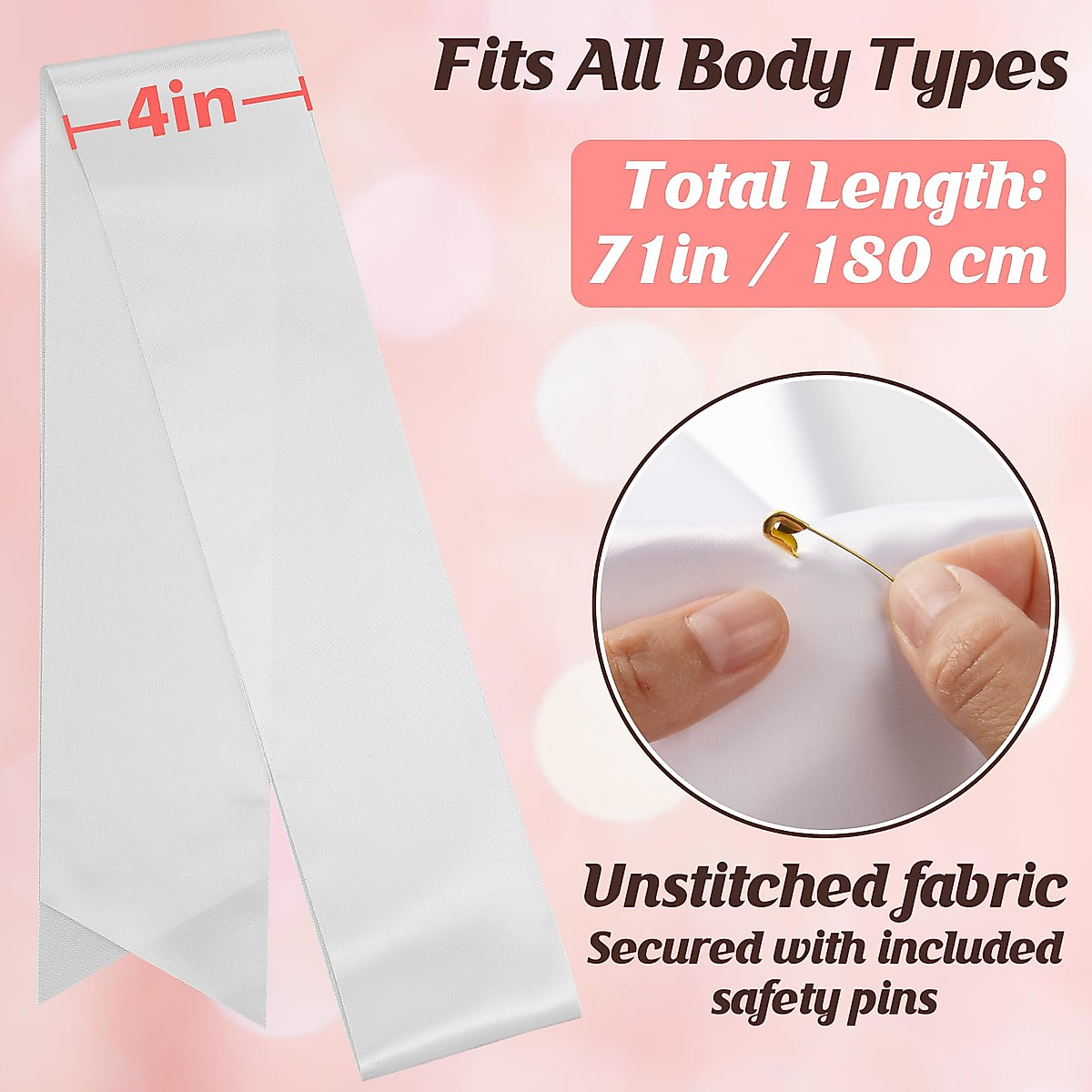 PAMASE Blank White Satin Sash - DIY Senior Bride Pageant Sashes with Safety Pins, Slogan Blessing Accessory for Birthdays, Weddings, Hen Parties 3 Pcs