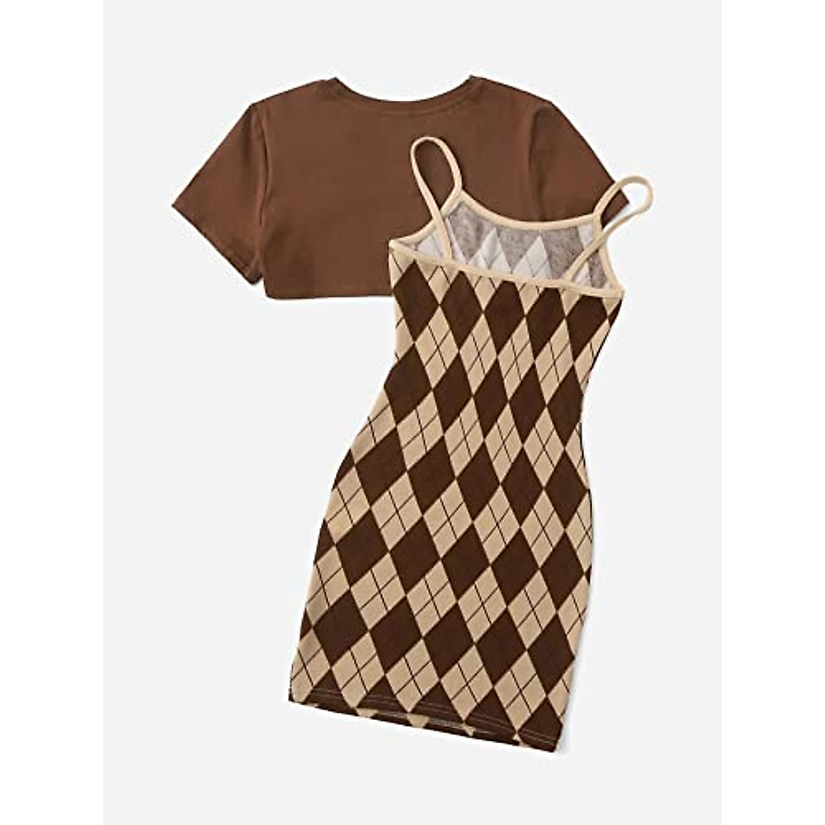 SweatyRocks Girl's 2 Piece Outfits Argyle Print Cami Mini Dress with Short Sleeve Crop Tee Brown 8Y