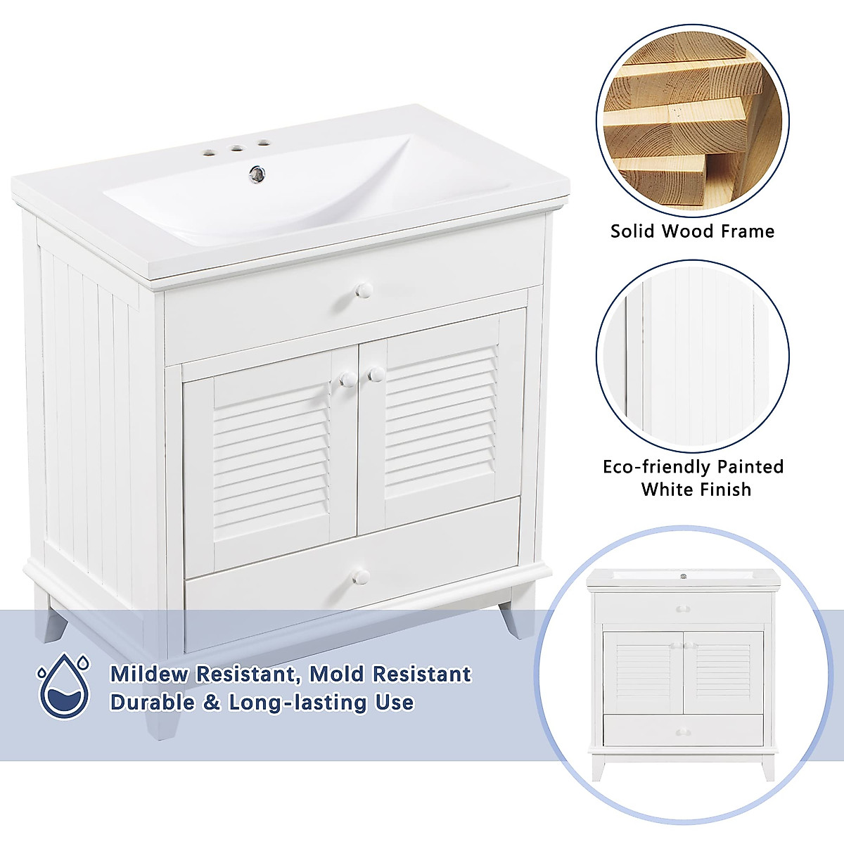 30 Inch Bathroom Vanity Base Only, Storage Cabinet with Doors and Drawer, Solid Wood Frame, White