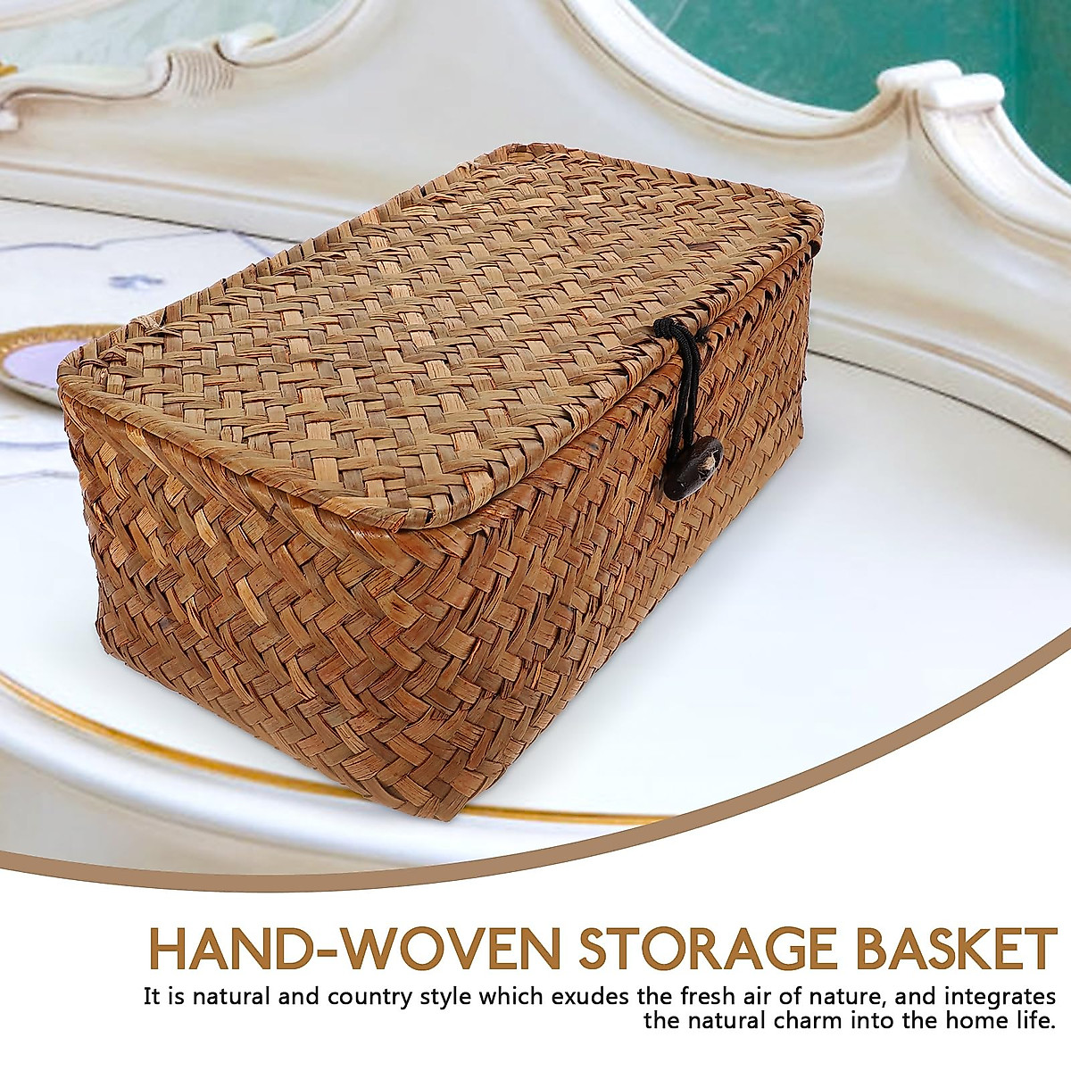 Gatuida Rectangular Wicker Baskets with Lids, Seagrass Storage Baskets with Button Multipurpose Container for Desktop,Size S