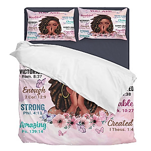 TRENDYNEST Kids Comforter Sets Queen Size, Prayer Girl and African American Girl Inspirational Quotes with Floral Butterfly, Teens Bedding Sets for Girls Women (Queen, Pink White)