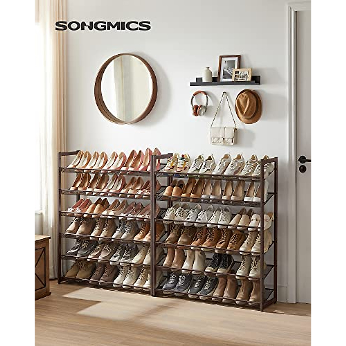 SONGMICS Shoe Rack, 12-Tier Tall Metal Shoe Storage Organizer for Closet, Entryway, Garage, Set of 2 6-Tier Big Stackable Shoes Rack Shelf, Adjustable Feet, Slanted Shelves, Holds 48-60 Pairs, Bronze