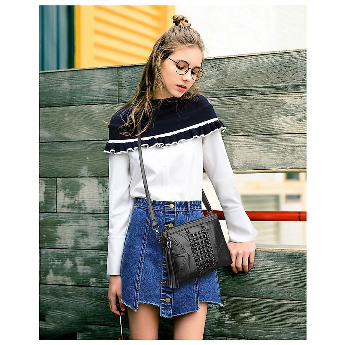 KARRESLY Women's Rivets Studded Shoulder Bag Black Tassel Clutch Bag Cross Body Bags(Black-3)