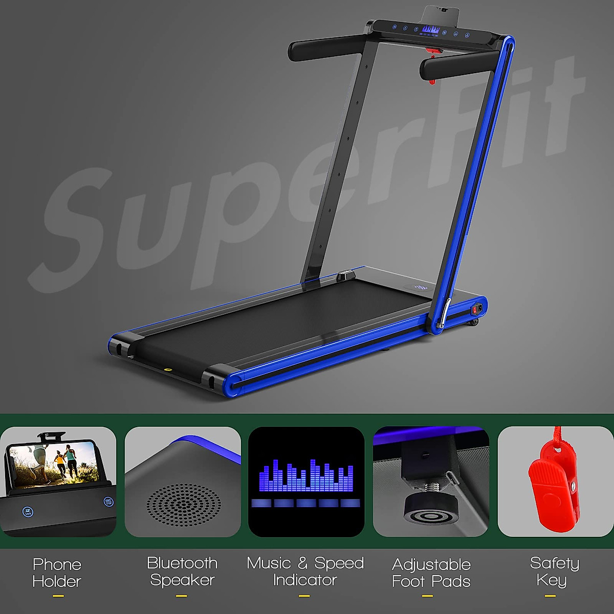 GYMAX 2 in 1 Under Desk Treadmill, Folding Running Machine with Dual LED Display, APP & Remote Control, Walking Pad Jogging Machine for Home Gym Small Space (Navy)