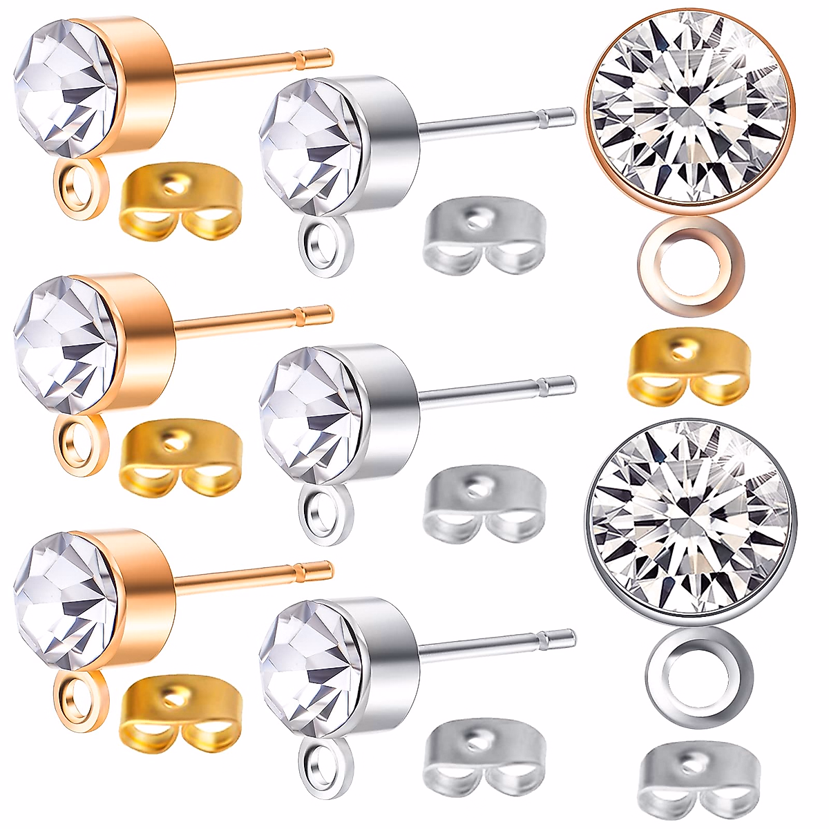 100pcs 5mm Rhinestone Earring Studs Hypoallergenic Earrings Posts with Loop and 100pcs Butterfly Earring Backs for DIY Earring Jewelry Making Supplies