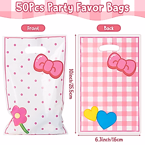 50Pcs Cute Cartoon Pink Cat Party Favor Bag Candy Treat Bags Print Bow Tie Flower Patterns with Handles Plastic Snack Gifts Bags for Boys Girls Kids Birthday Baby Shower Holiday Party Favor Supplies