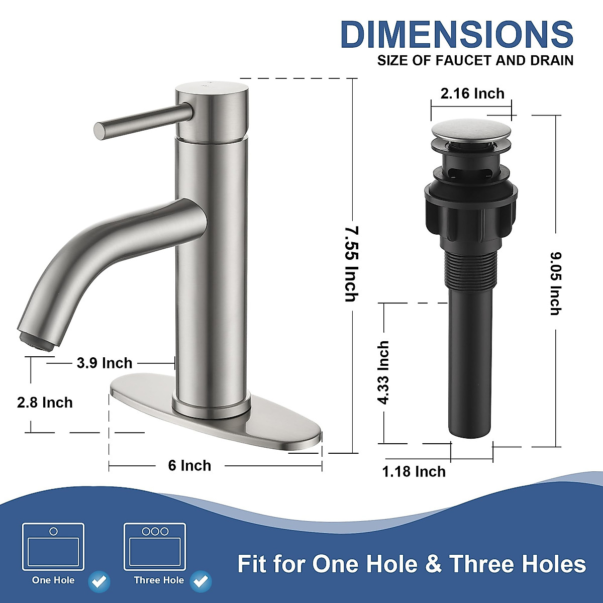 PHICHI Brushed Nickel Single-Handle Bathroom Faucet, 1 or 3 Hole Basin Bath Tap with Pop Up Drain and Deck Plate, Modern One-Hole RV Faucet Washbasin Faucet Countertop
