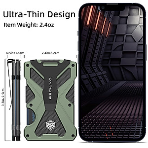 Minimalist Wallet for Men- Slim Aluminum Metal Money Clip with Clear ID Card Holder, RFID Blocking, Holds up 15 Cards with Cash Clip, Ultra-Thin Tactical Carbon Fiber -Army Green