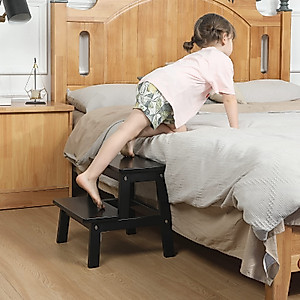 HOUCHICS Wooden Step Stool for Adults Kids, Solid Wood Bed Step Stool, Multi-Purpose 2-Step Stool for Kitchen, Bed, Bathroom with 260lb Load Capacity Black