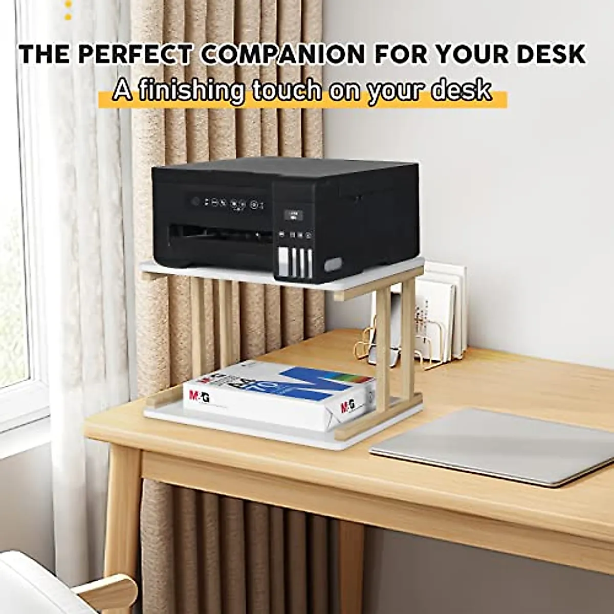 Desktop Printer Stand 2 Tiers, Wooden Bamboo Multipurpose Printer Stand with Anti-Slip Pad, can be Used as a Printer Shelf, Storage Shelf, Desktop Shelf for Printers, Scanners, Documents, Book(White)