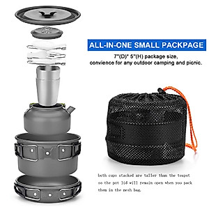 Odoland Camping Cookware Mess Kit, Lightweight Pot Pan Kettle with 2 Cups, Fork Spoon Kit Stainless Steel, gray for Backpacking, Outdoor Camping Hiking and Picnic