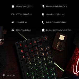 TECWARE Phantom 104 Key Full Size RGB Mechanical Gaming Keyboard with Numpad, LED Backlit, Typewriter Sound, Clicky Switch, Outemu Blue