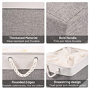 HOdo Home Fabric Storage Bin with Drawstring Closure and 2 Bold Handles, Collapsible Large Canvas Storage Baskets for Organizing Shelf Nursery Home Closet (White&Grey, 15.8L×11.8W×9.5H - 3Pack)