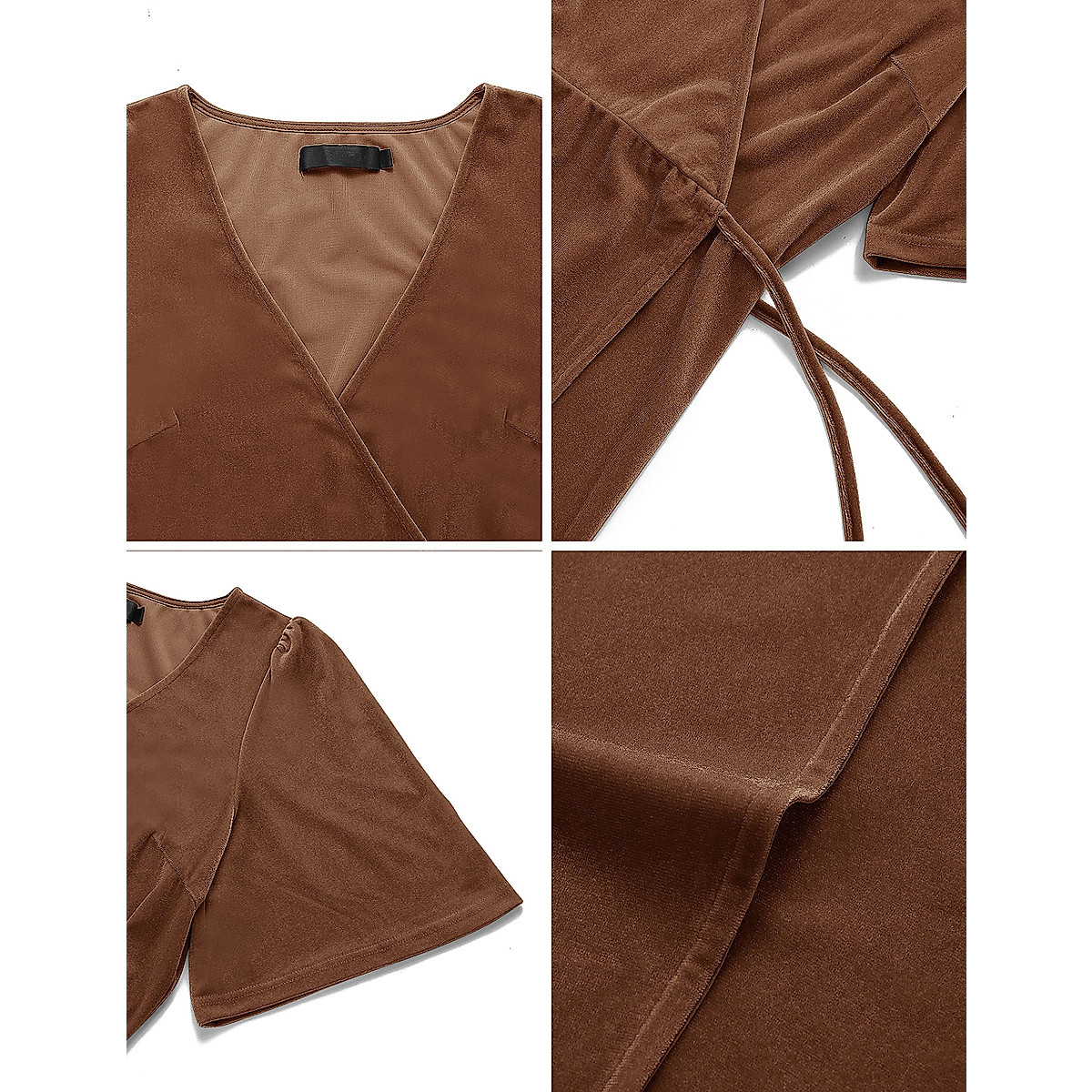 MEROKEETY Women's V Neck Velvet Formal Dress Ruffle Sleeve Tie Waist Slit Elegant Long Dresses 2024, Brown, Medium