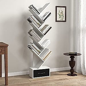 Panana Tree Bookshelf with Drawer, 8-Tier Wooden Storage Rack Wisdom Tree Book Holder Bookshelves Organizer for Living Room, Bedroom, Home Office (White)