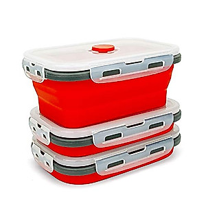 CARTINTS Set of 3 Collapsible Food Storage Containers with Lids, Collapsible Silicone Bowls, Silicone Lunch Containers, For Meal Prep, Camping, Travel, Microwave and Freezer Safe,500ml,Red