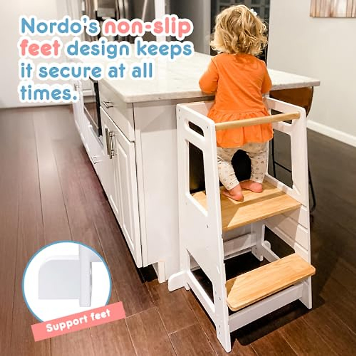 Toddler Kitchen Stools Helper with Adjustable Height and Anti-Slip Protection, Kids Standing Tower with Safety Rail, Kids Montessori Step Stool with Learning Chalkboard, Natural