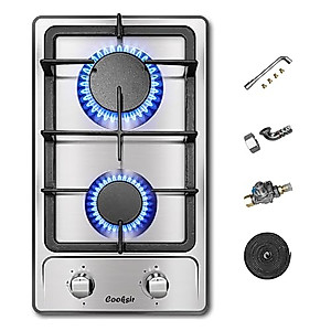 Gas Cooktop 2 Burner, Cooksir Built in Gas Stovetop 12 Inches, NG/LPG Convertible Stainless Steel Gas Hob with Flame Out Protection, for Apartments, Indoor Use, 110v