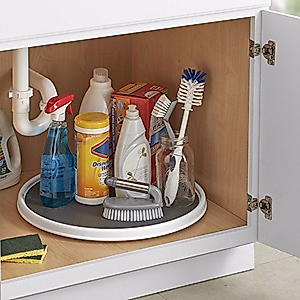 Copco 255-0186 Non-Skid Pantry Cabinet Lazy Susan Turntable, 18-Inch, White/Gray - 2555-0186 & Non-Skid 3-Tier Spice Pantry Kitchen Cabinet Organizer, 10-Inch, White/Gray