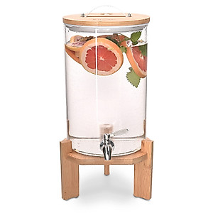 Navaris Beverage Dispenser with Stand - 1.8 Gallon (7L) Glass Drink Dispenser with Spigot, Lid, Wood Stand for Hot or Cold Drinks, Ice Water, Parties