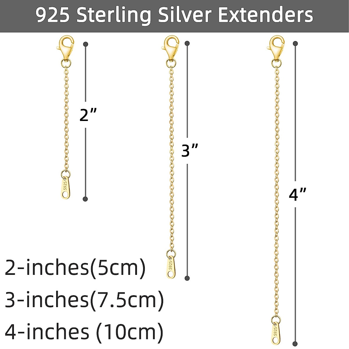 925 Sterling Silver Necklace Extender Gold Necklace Extender Gold Chain Extenders for Necklaces 2", 3", 4" Inches